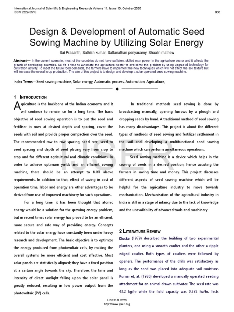 Design Development of Automatic Seed Sowing Machine by Utilizing Solar ...
