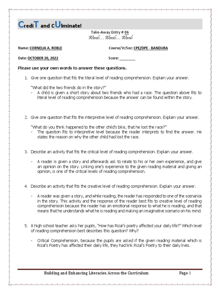 Cornelia Roble - 6. Ed 3110 Take-Away Entry No. 6 | PDF | Reading ...