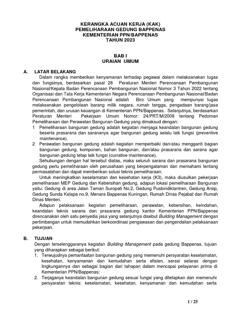 KAK Pemeliharaan Gedung Bappenas | PDF