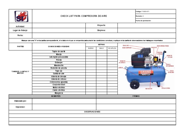 Check List Compresora de Aire | PDF | Motores | Ingeniería mecánica