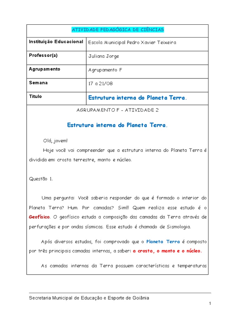 Estrutura Interna da Terra: Atividade sobre as Camadas do Planeta | PDF | Terra | Planetas