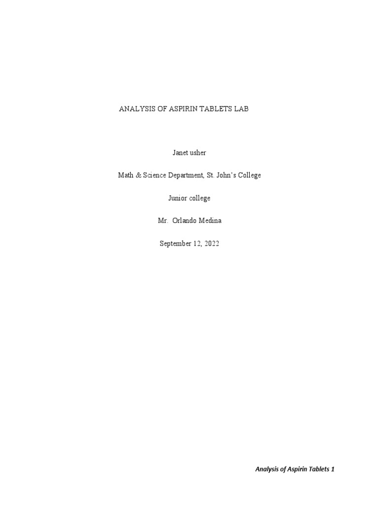 Analysis of Aspirin Tablets Lab | PDF | Titration | Chemistry