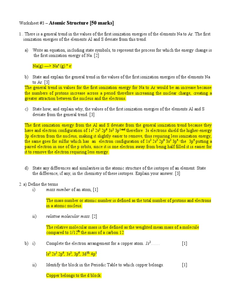 CHE 123 - Worksheet - Atomic Structure - Ionization | PDF | Atoms | Chemical Elements