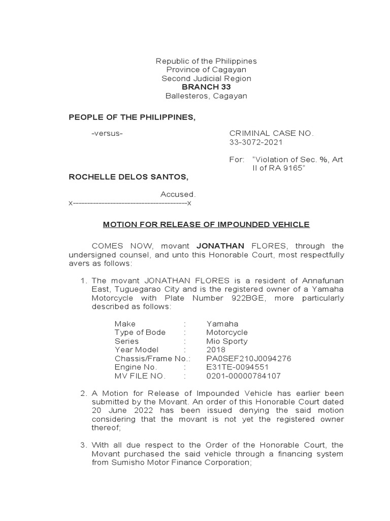 Motion to Release an Impounded Motorcycle Due to Proof of Ownership | PDF | Common Law | Government