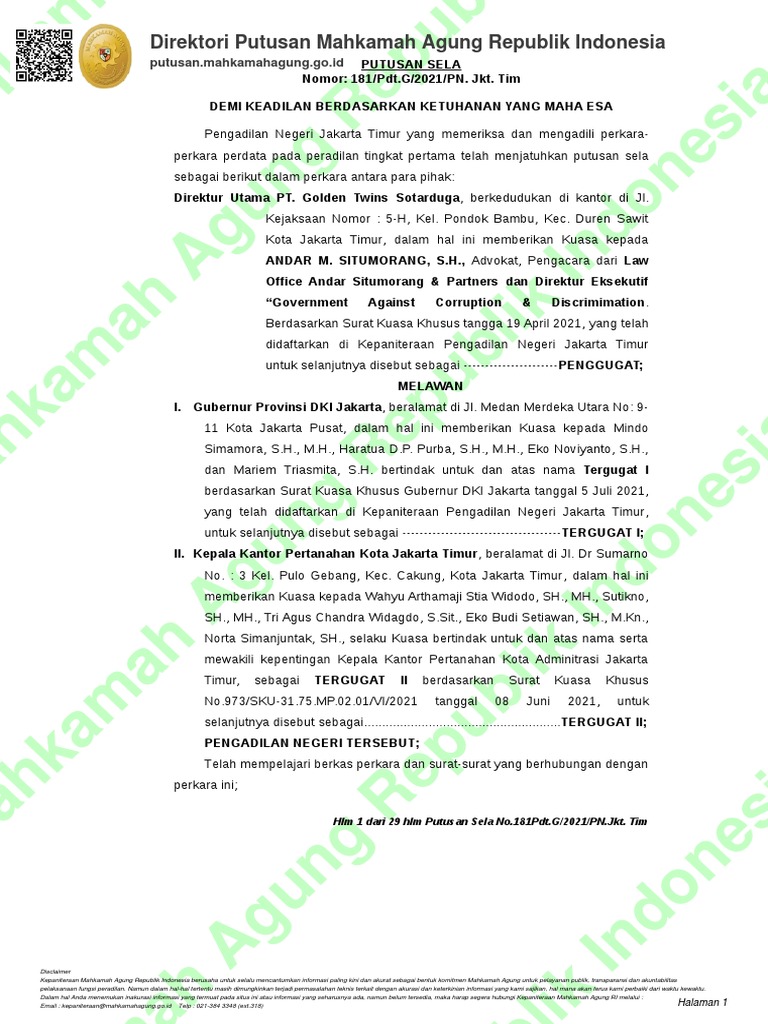 Pertimbangan Hukum Putusan Sela Pengadilan Negeri Jakarta Timur Mengenai Sengketa Tanah Antara ...