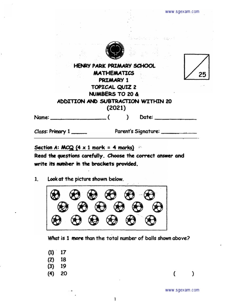 2021 P1 Maths Quiz2 Henry Park | PDF