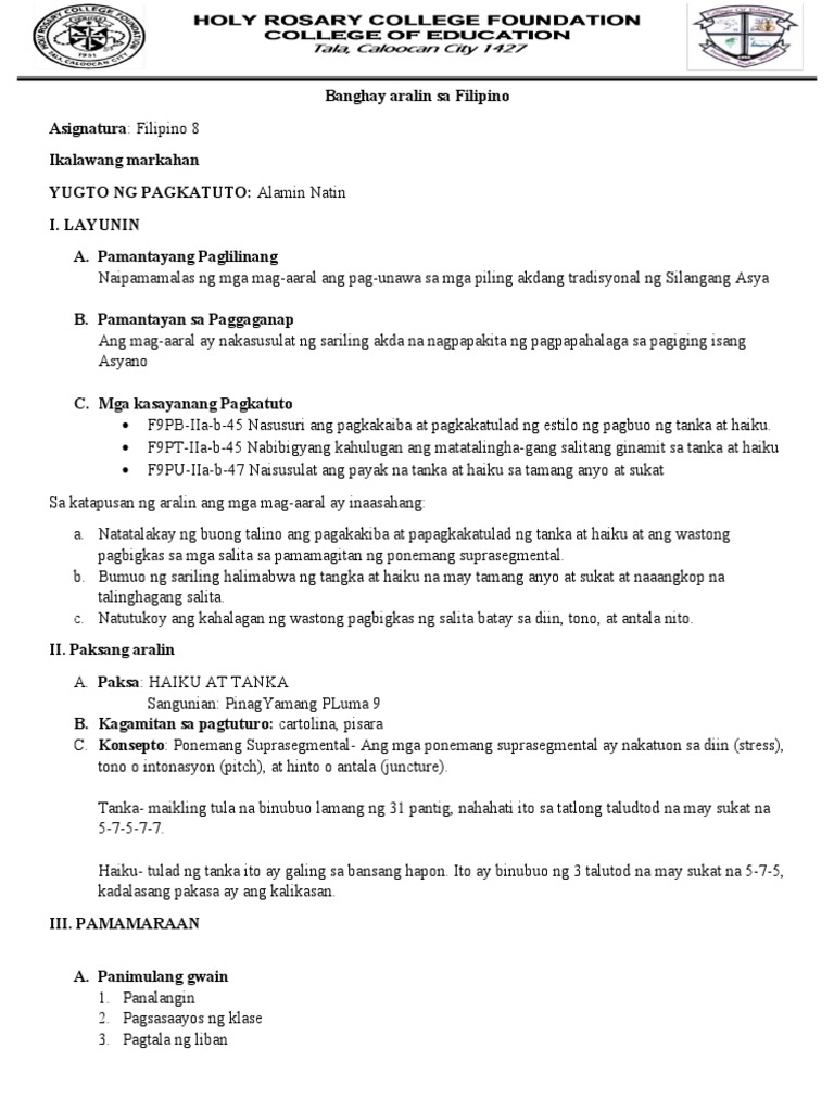 Banghay Aralin Sa Filipino 9 | PDF