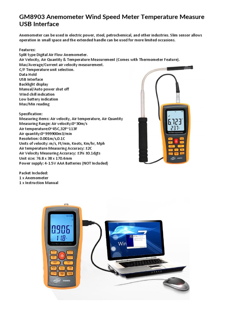 GM8903 Anemometer for Wind Speed & Temp | PDF