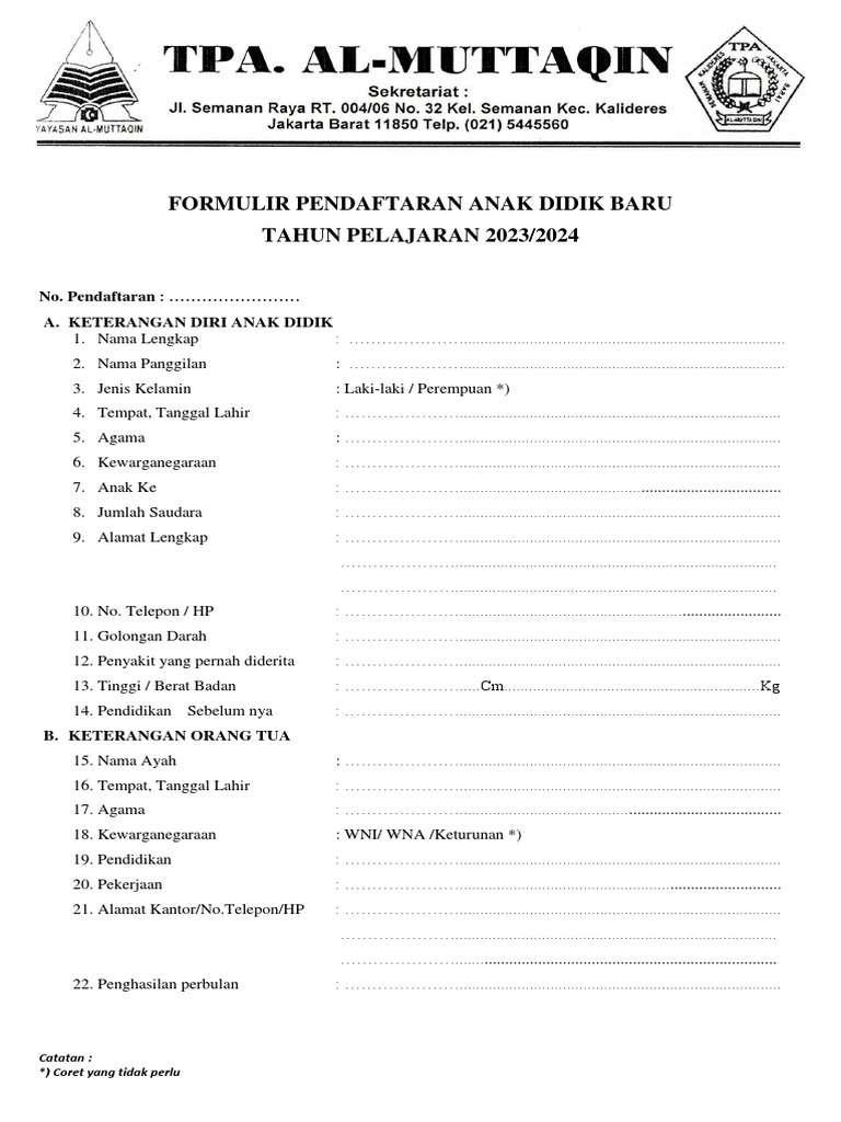 Formulir Pendaftaran Tpa | PDF