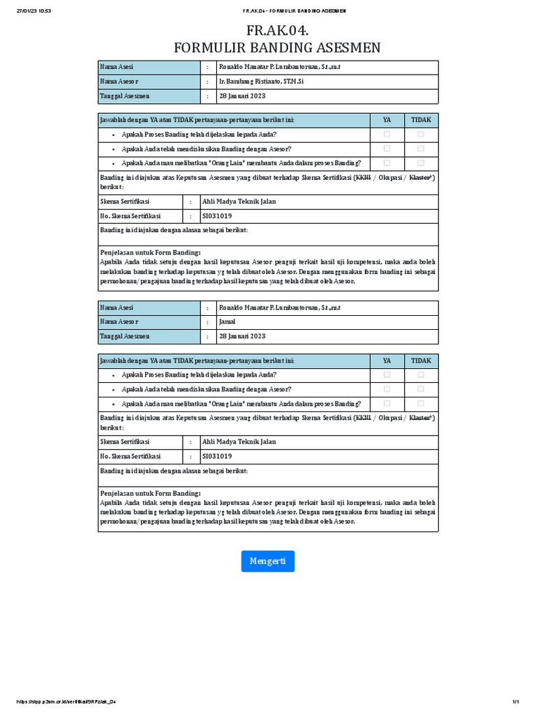FR - Ak.04 - Formulir Banding Asesmen | PDF