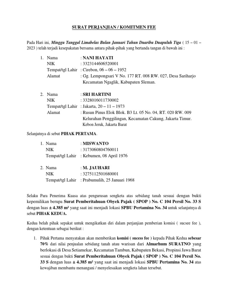 SURAT PERJANJIAN Komitmen Fee 70 & 30% | PDF