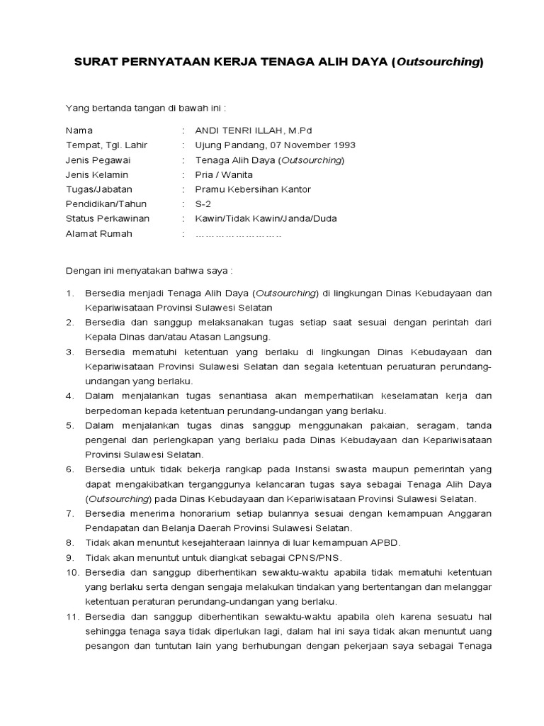 Surat Pernyataan Kerja Tenaga Alih Daya | PDF
