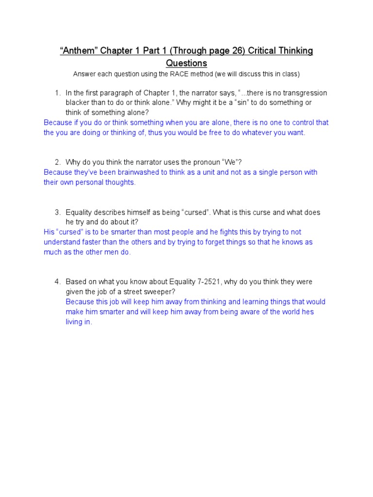"Anthem" Chapter 1 Critical Thinking Questions - Part 1 | PDF