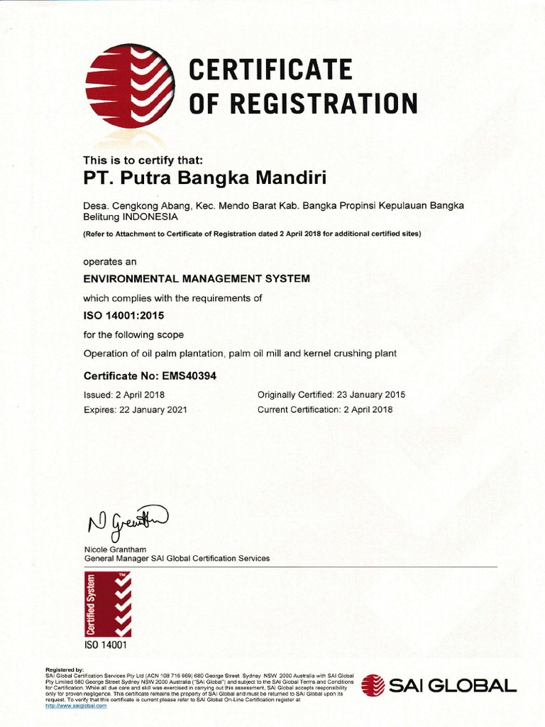Sertifikat Iso 14001 - 2015 | PDF | Agriculture | Oils