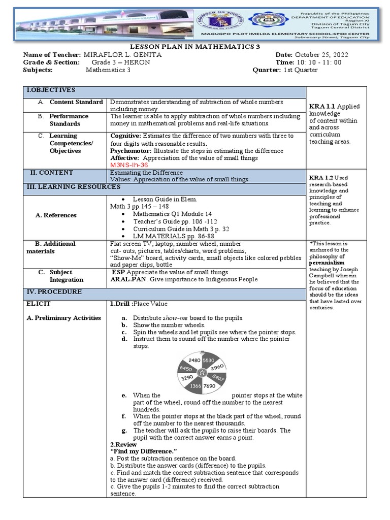 Cot 1 Q1 Math3 | PDF | Subtraction | Cognition