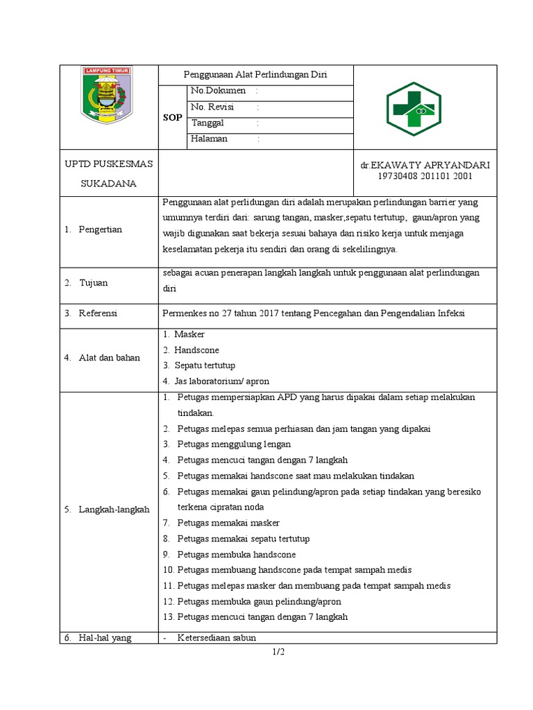 Standar Prosedur Penggunaan Alat Perlindungan Diri | PDF