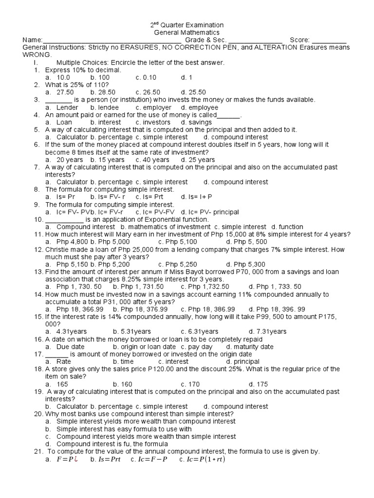 Gen Math 2nd Quarter Exam 2022-2023 | PDF | Interest | Compound Interest