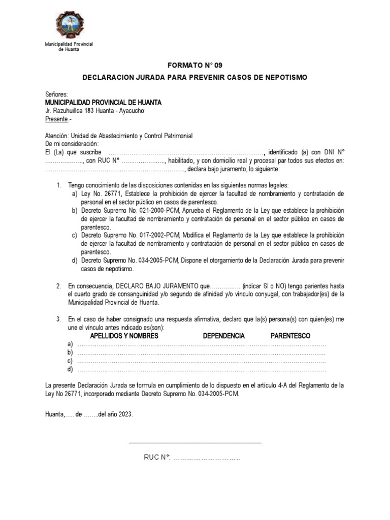 Declaración Jurada contra Nepotismo | PDF | Parentesco | Gobierno