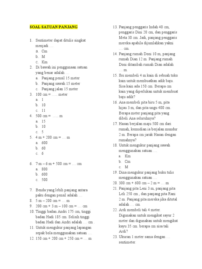 Soal Satuan Panjang Kelas 4 | PDF