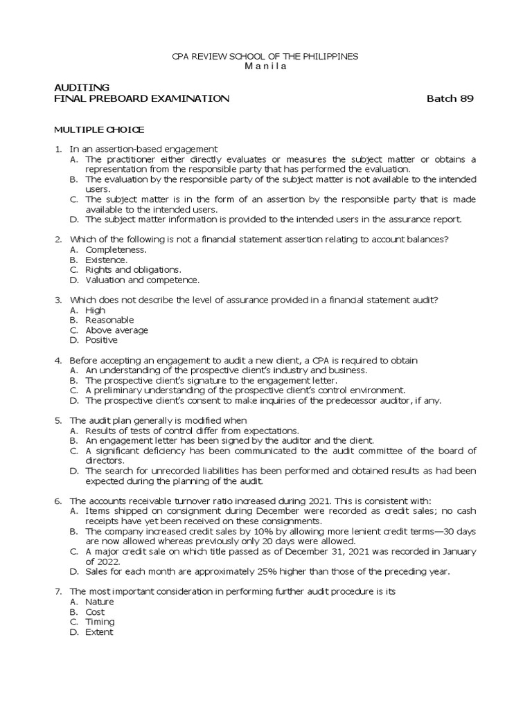 CPA Review School of the Philippines (CPAR) - Manila Final Preboard ...