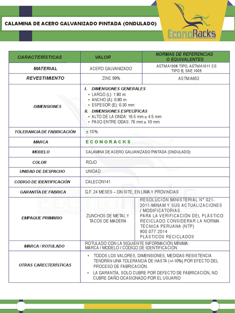 Calamina de Acero Galvanizado Pintada (Ondulado) : Características ...