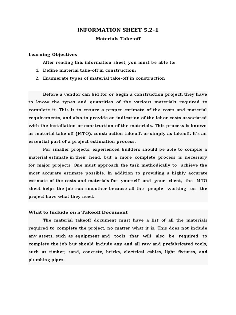Information Sheet 5.2-1 Materials Take-Off | PDF | Measurement | Plumbing