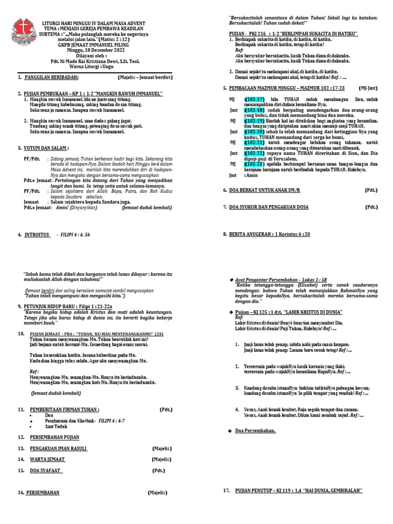 Minggu IV Dalam Masa Advent - 18 Desember 2022 | PDF