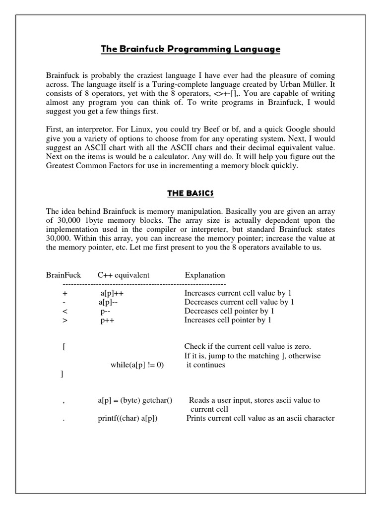 The Brain Fuck Programming Language Tutorial | PDF | Pointer (Computer ... The Brain Fuck Programming Language Tutorial | PDF | Pointer (Computer ...