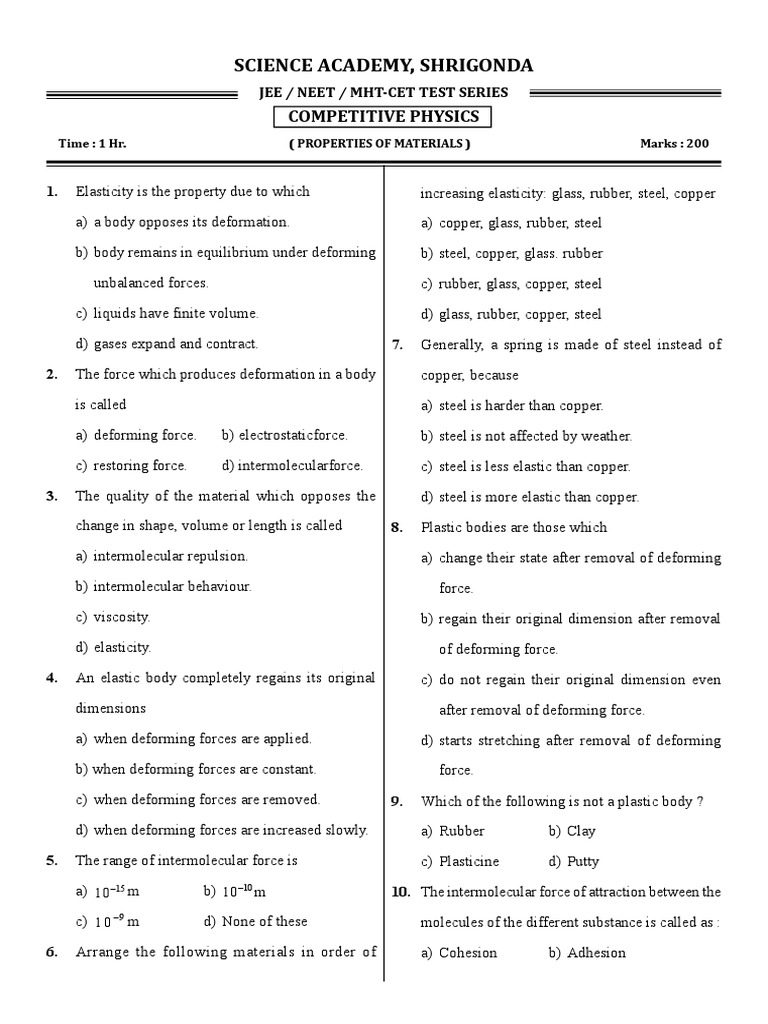 Science Academy Shrigonda - Physics Class 12 - MHT Cet Test ...