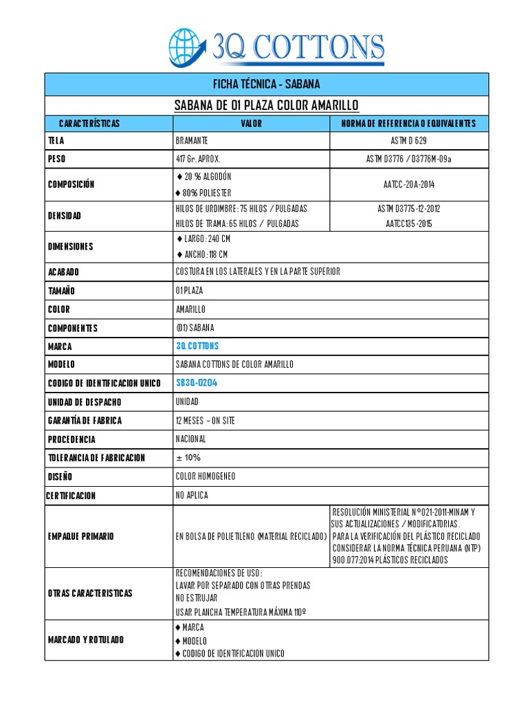 Sabana de 01 Plaza Color Amarillo: Ficha Técnica - Sabana | PDF ...