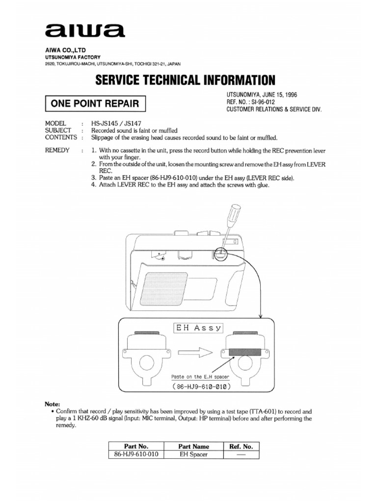 Aiwa hs-js145 hs-js147 Si-96-012 Service Bulletin | PDF