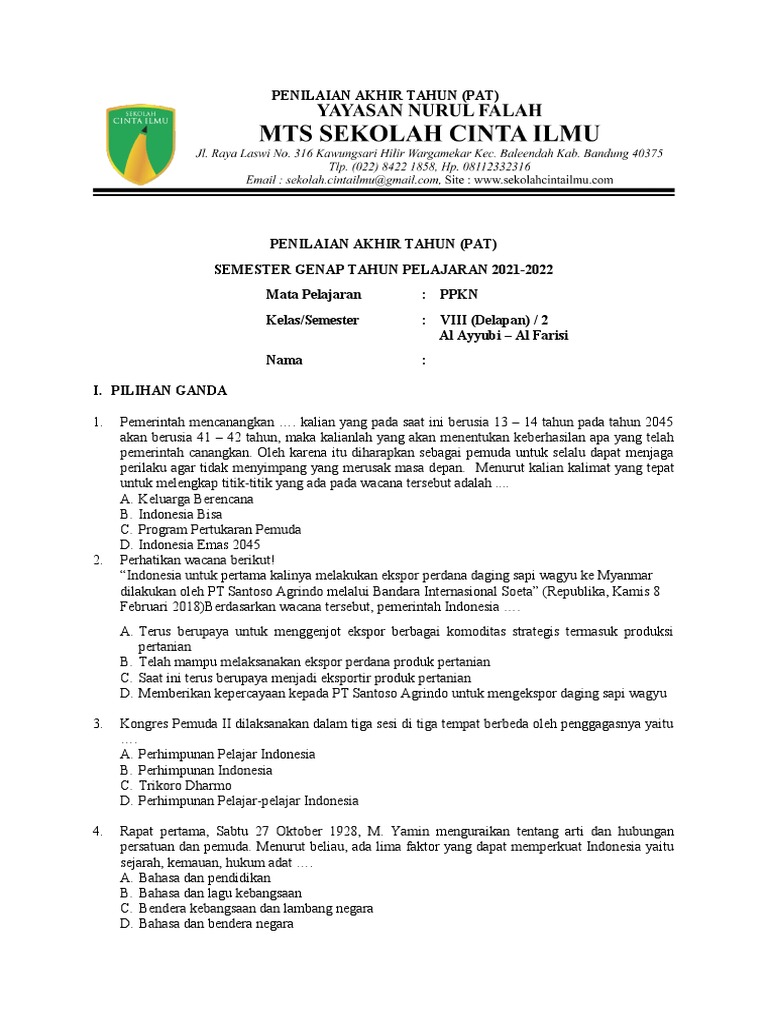 Soal Psat PPKN Kelas 8 | PDF