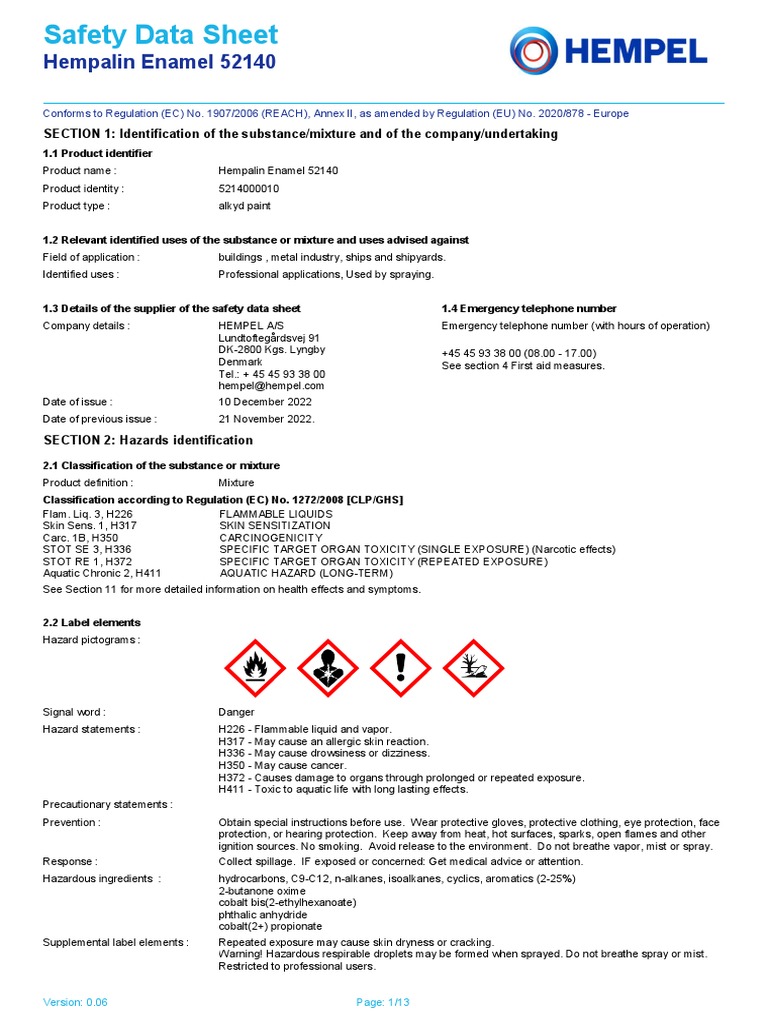 MSDS Hempalin Enamel 52140 | Download Free PDF | Personal Protective Equipment | Physical Sciences