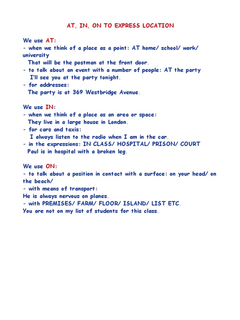 Expressing Location Precisely: A Guide to Using "At", "In", and "On | PDF