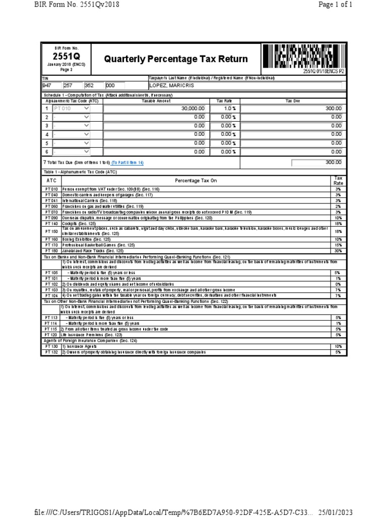 2551Q Quarterly Percentage Tax Return: 947 257 352 000 Lopez, Maricris ...