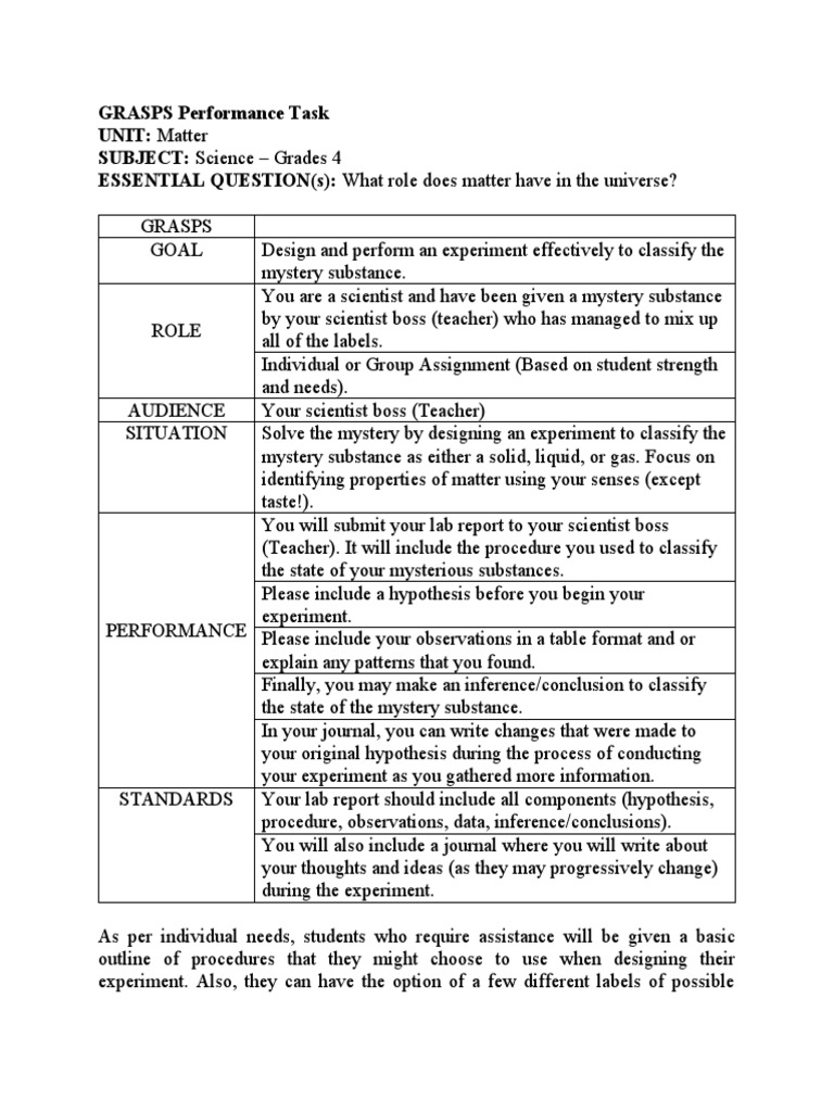 GRASPS Performance Task PDF