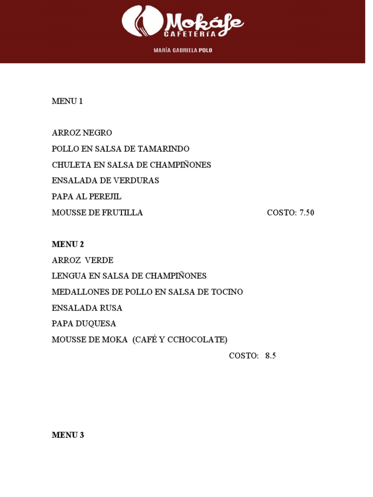MENUS Mokafe | PDF | ensalada | Tocino