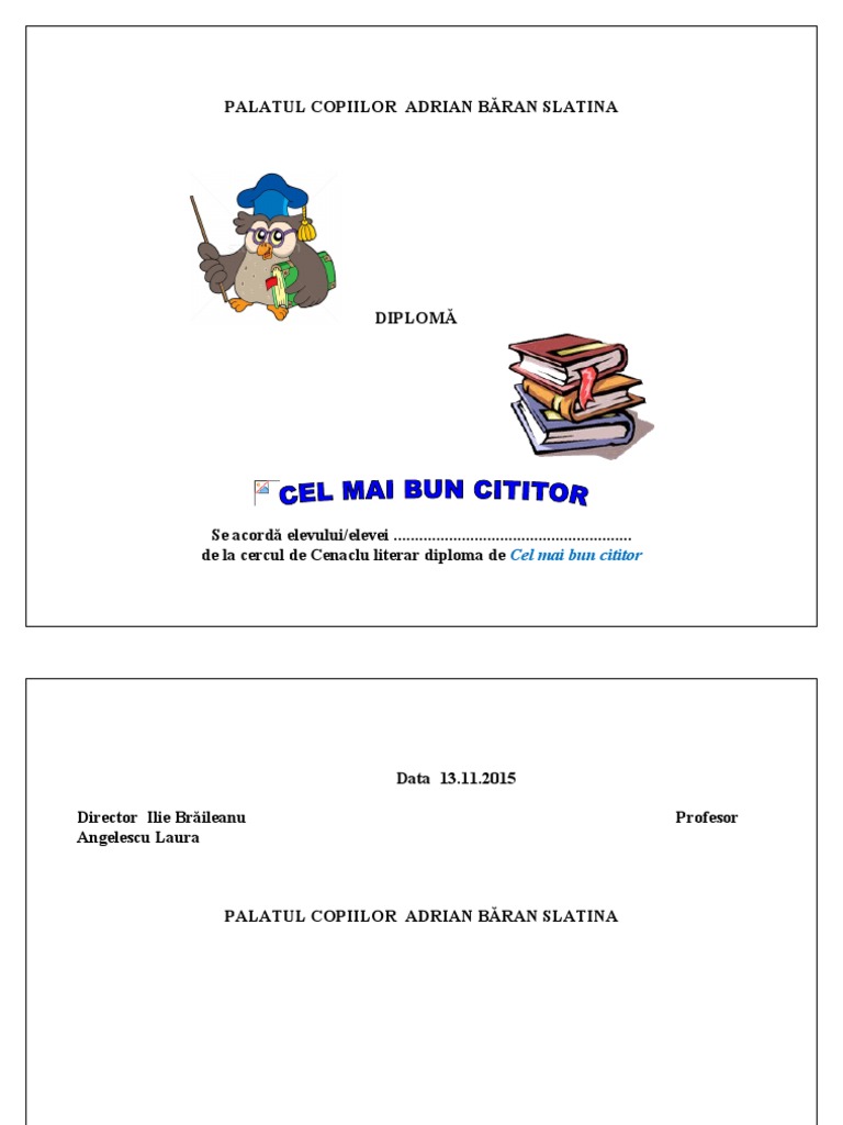 Diploma Cel Mai Bun Cititor | PDF