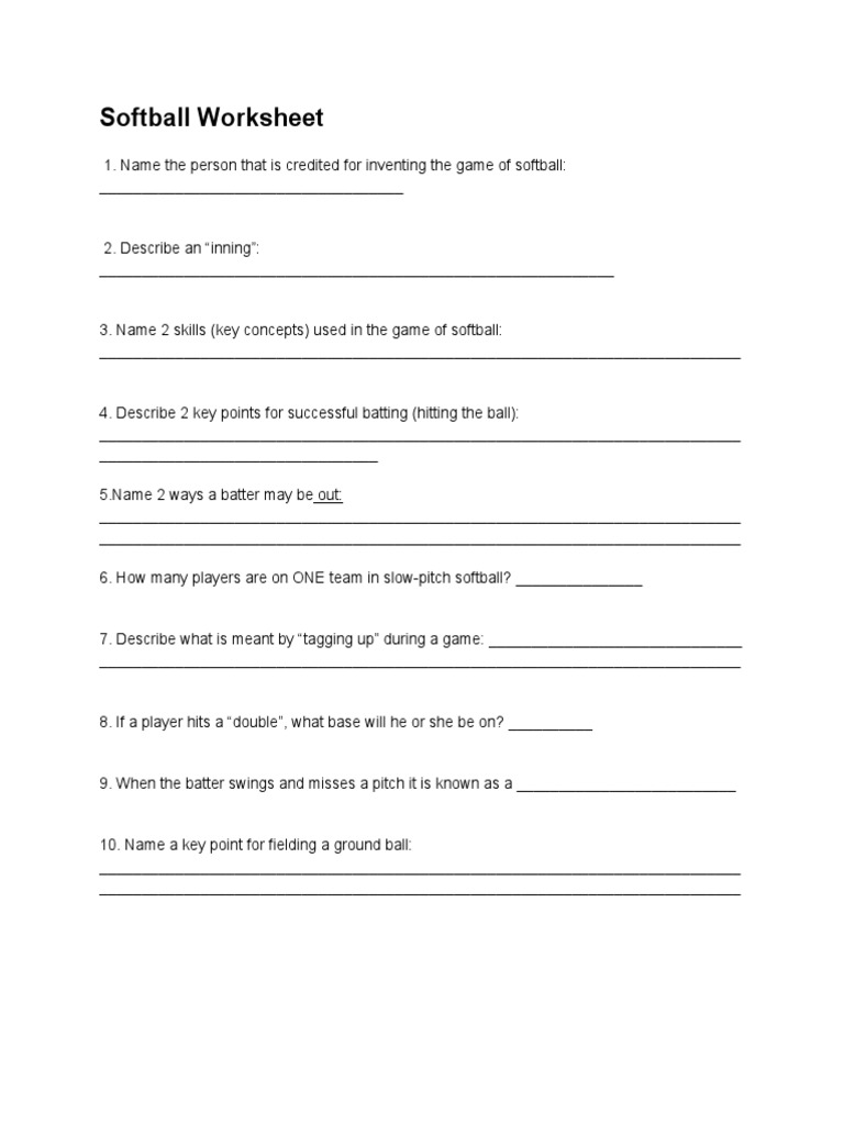Softball Worksheet 1 | PDF