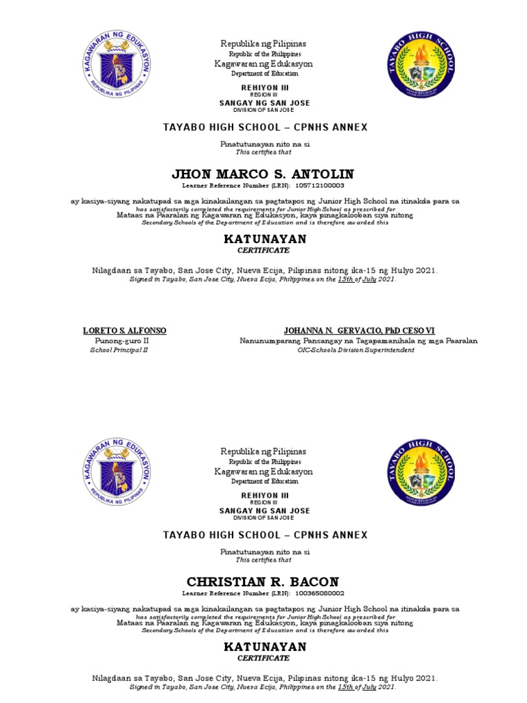 Sample Template Certificate (Junior High) 2020-2021 | PDF