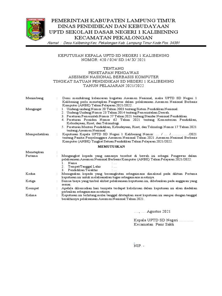 SK Pengawas ANBK Tahun 2021 Tingkat Satuan Pendidikan - SDN 1 KALIBENING | PDF