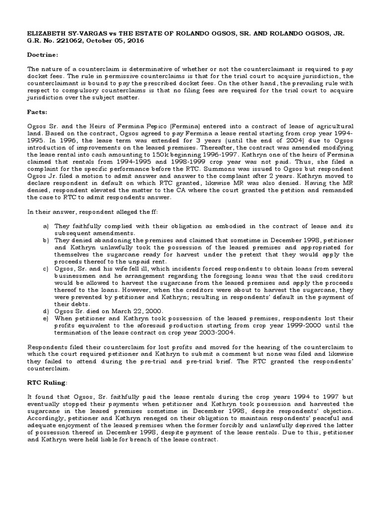 Counterclaim Nature & Docket Fees Ruling | PDF | Lawsuit | Lease