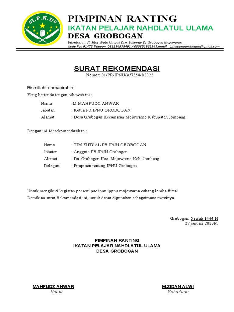 Surat Rekomendasi Ipnu FULSAL | PDF