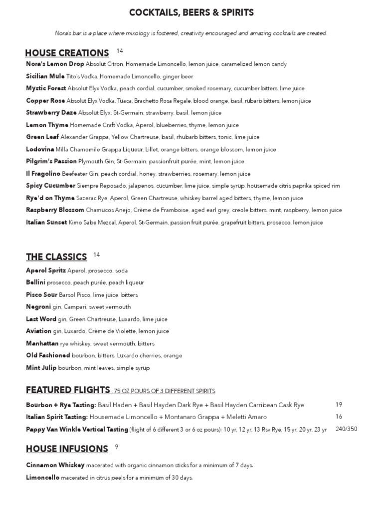 Nora's Cocktail and Spirits Menu | PDF | Distillation | Whisky