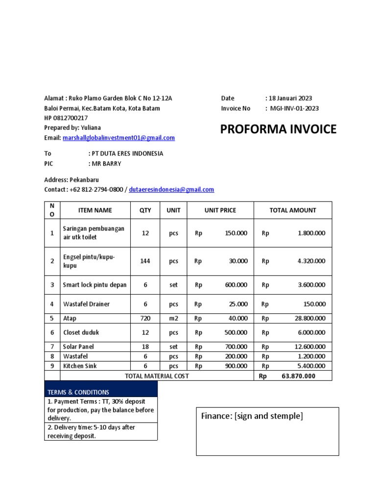 Proforma Invoice for PT Duta Eres Indonesia | PDF