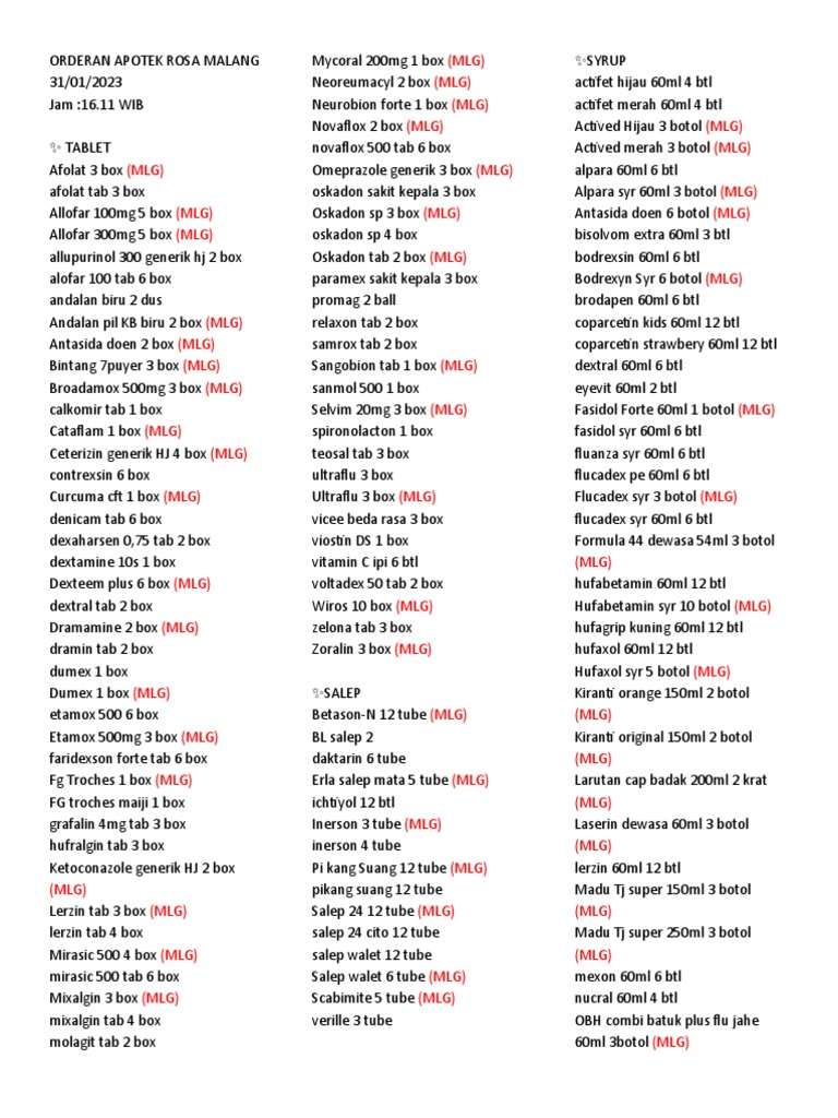 Orderan Apotek Rosa Malang | PDF | Indonesia | Medical Anthropology