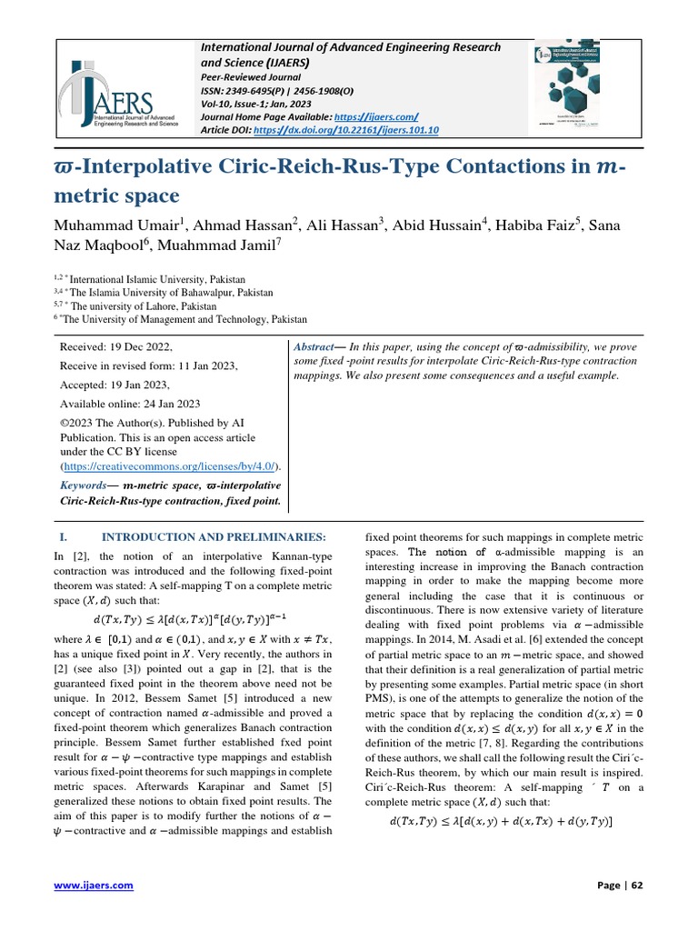 ϖ-Interpolative Ciric-Reich-Rus-Type Contactions in m-metric space | PDF | Sequence | Space