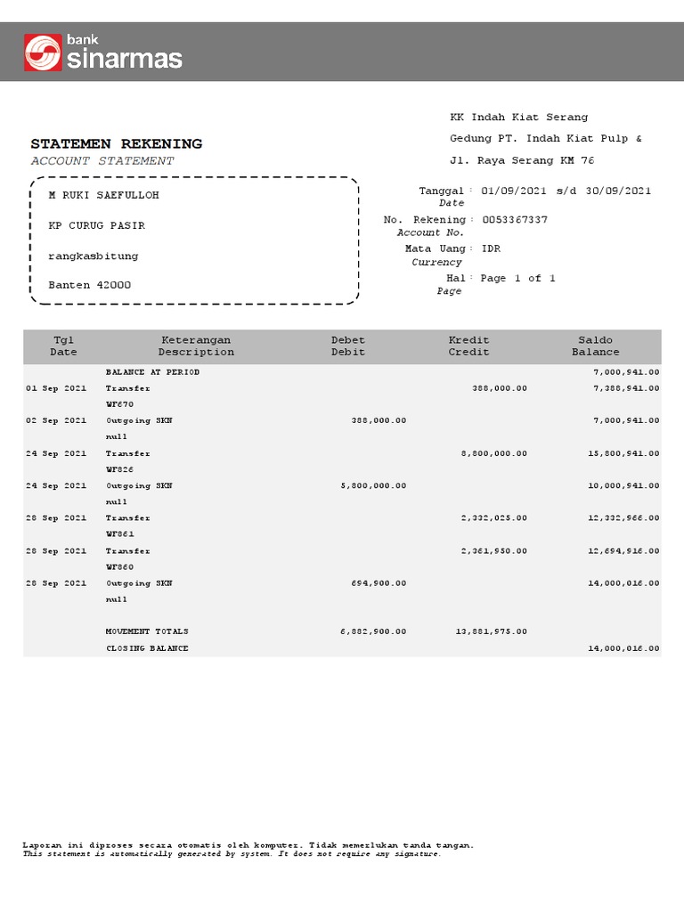 Bank Sinar Mas - Account Statement - Ruki 002 Sept 2021 | PDF ...