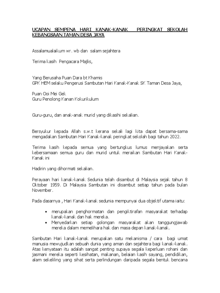 Ucapan Hari Kanak-Kanak Perasmi | PDF