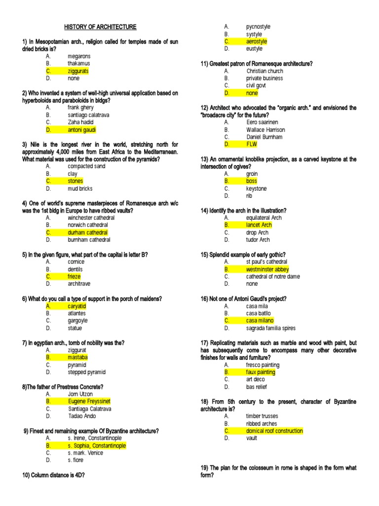 History of Architecture - Multiple Choice Questions | PDF | Dome | Gothic Architecture